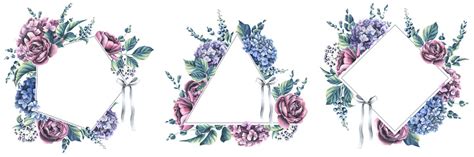 수국 꽃 장미 및 장식용 잎 열매 유칼립투스 나뭇 가지 수채화 그림입니다 오각형 삼각형 마름모꼴 프레임을 Wedding