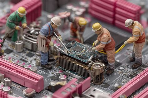 Tiny Miniature Workers Assembling A Massive Graphics Card On A High Tech Motherboard Cpu Stock