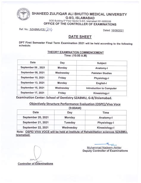 Szabmu Isb Dpt Date Sheet Final Term Exam 2021 Resultpk