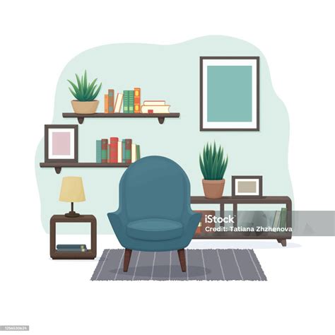 거실 인테리어 디자인 양탄자에 아늑한 파란색 안락 의자 책과 테이블 램프측면 테이블 책 화분에 심은 식물 배경에 액자 선반 벡터