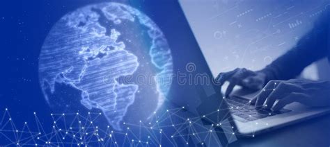 Businessman Using Laptop With Abstract World And Background Geometric