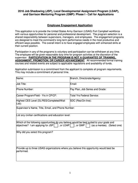 Fillable Online Campbell Army 2016 Job Shadowing Jsp Local Developmental Assignment Program