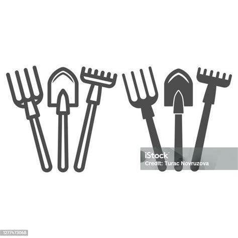 포크 삽 레이크 라인과 단단한 아이콘 원예 개념 흰색 배경에 땅 표지판을 파고 느슨하게하기위한 손 정원 도구 세트 윤곽 스타일의 정원 도구 아이콘 벡터 그래픽 아이콘에 대한