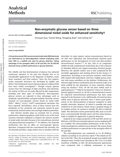 Pdf Non Enzymatic Glucose Sensor Based On Three Dimensional Nickel Oxide For Enhanced Sensitivity