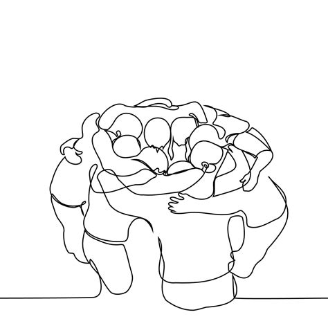 Crowd Of Young People Stood In A Circle And Hugged One Line Drawing