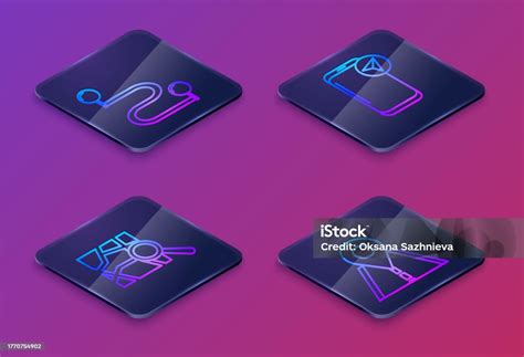 등각 투영 선 경로 위치 위치 마커가있는 접힌 지도 도시지도 탐색 및 도로 교통 표지판의 인포 그래픽을 설정합니다 파란색 사각형 버튼입니다 벡터 3차원 형태에 대한 스톡