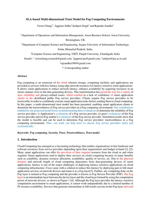 Pdf Sla Based Multi Dimensional Trust Model For Fog Computing Environments