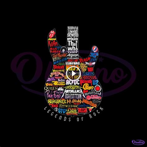 Legends Of Rock Guitar Shape Iconic Bands Logo Collage Png Digital