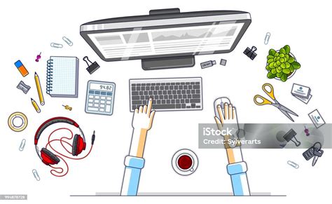 작업 책상 작업 영역 상단 보기 회사원 또는 기업가 Pc 컴퓨터 및 많은 다른 편지지 개체의 손으로 테이블에 모든 요소는 별도로