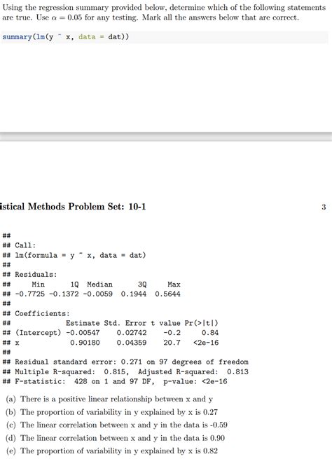 Solved Using The Regression Summary Provided Below