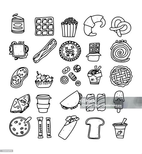패스트 푸드 제품의 낙서 식품 세트 손으로 그린 과자 디저트 스낵 팝콘 미국 음식 및 영어 아침 식사 만화 음식 일러스트의 큰 세트 감자 칩에 대한 스톡 벡터 아트 및 기타