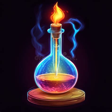 Colorful Laboratory Flask Emitting Smoke And Flame Effect Stock