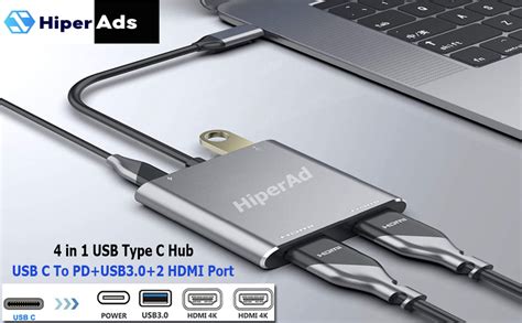HiperAds USB C To Dual HDMI Adapter 4 In 1 USB Type C Hub With 2 HDMI 4K 30Hz USB3 0 PD
