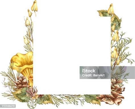 수채화 숲 프레임입니다 우드랜드 초대장 템플릿 그림입니다 말린 나뭇잎 버섯 딸기 및 야생 허브와 손으로 그린 화환 우드랜드 배경 0명에 대한 스톡 벡터 아트 및 기타 이미지