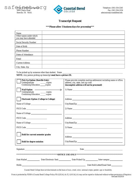 Blank Coastal Bend Transcript Form ≡ Safeinet