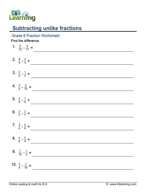 Worksheetsmathgrade 6 Subtracting Unlike Fractions Denominators 2 12 B