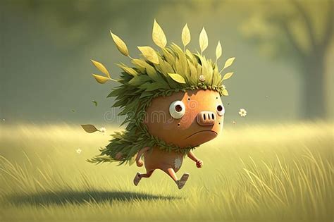 Cute Cartoon Character With Leaf Crown Running Through Meadow Stock Image Image Of Diet Leaf