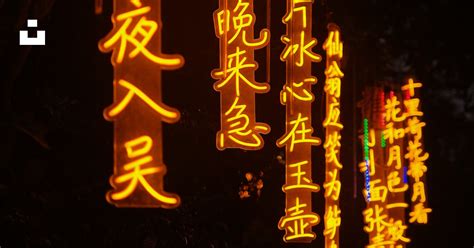 Glowing Chinese Script Hangs From Tree Branches At Night Photo Free