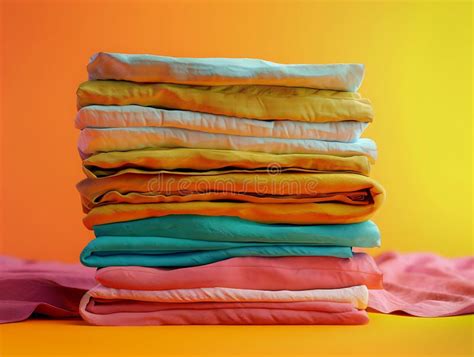 A Colorful Stack Of Folded Fabrics In Different Colors Stock