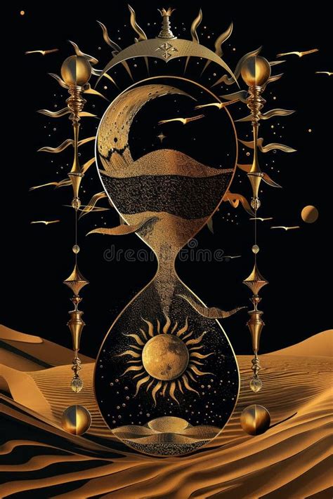 Mystical Hourglass In Desert With Celestial Elements And Golden Sands