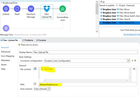 mule 4 dropbox connector to upload file on dropbox