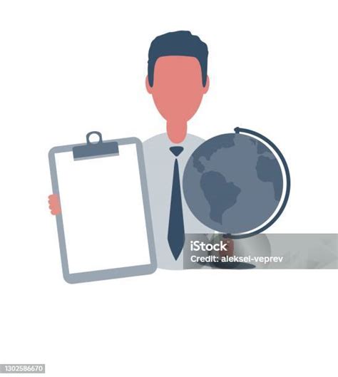 빈 종이와 지구를 들고 사업가 또는 서기 개체 평면 벡터 일러스트와 간단한 스타일의 남성 문자 흰색 배경에 격리 검사 보기에