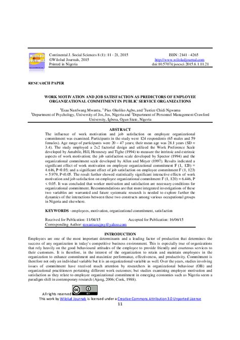 Pdf Work Motivation And Job Satisfaction As Predictors Of Employee Organizational Commitment