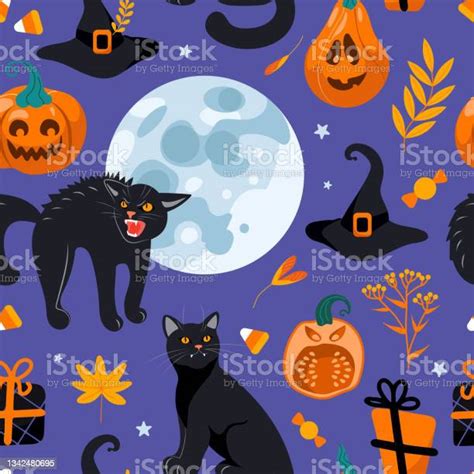 할로윈 원활한 패턴 검은 고양이 달 마녀 모자 선물 잭 랜턴 사탕 보라색 배경에 밝은 일러스트 만화 스타일 벽지 직물 포장