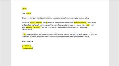 letter refusing a request for a pay raise request raise denial pay