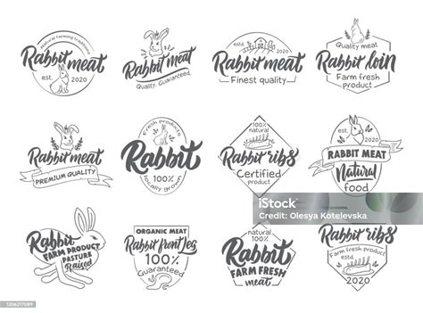 빈티지 토끼와 고기 엠블럼과 우표 세트 흰색 배경에 격리 된 고기 배지 템플릿 및 스티커를 재배하십시오 0명에 대한 스톡 벡터