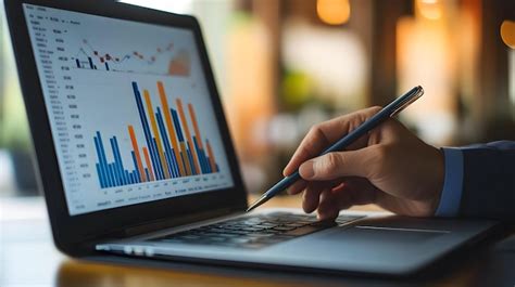 hand using a pen to analyze charts on a laptop premium ai generated image