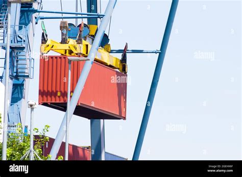 Closeup Of A Container Being Lifted At A Container Terminal In Doesburg In The Netherlands Stock