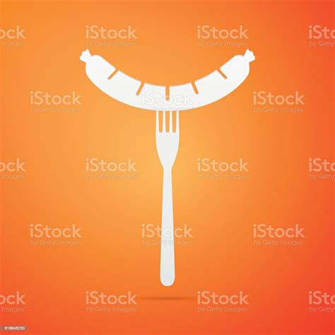 오렌지 배경 위에 포크 플랫 아이콘에 소시지 벡터 일러스트레이션 갈색에 대한 스톡 벡터 아트 및 기타 이미지 갈색 고기