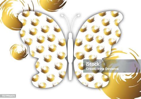 흰색 바탕에 흰색 나비 실루엣으로 아름 다운 추상적인 배경입니다 날개의 창조적 인 디자인 골드 색상의 밝은 브러시 스트로크 개체 그룹에 대한 스톡 벡터 아트 및 기타 이미지