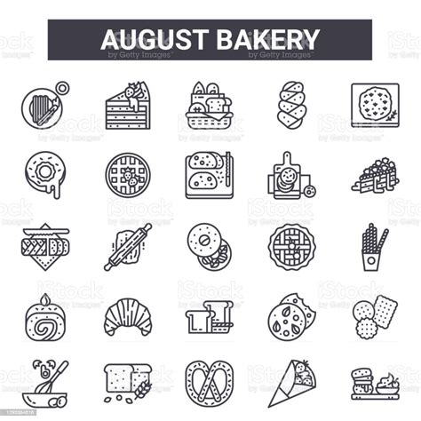 8 월 베이커리 개요 아이콘 세트 츄로스 도넛 파이 쿠키 크레이프 베이커리 스콘 반죽과 같은 얇은 라인 아이콘이 포함되어 있습니다 보고서 프레젠테이션 다이어그램 웹 및