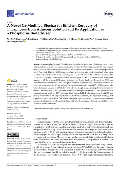 Pdf A Novel Ca Modified Biochar For Efficient Recovery Of Phosphorus From Aqueous Solution And