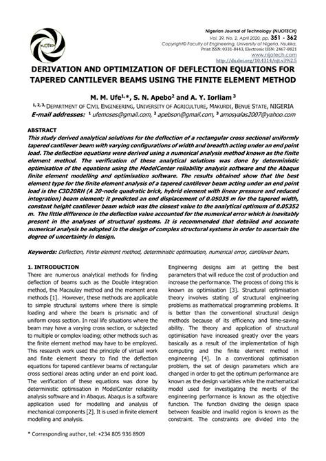 Pdf Derivation And Optimization Of Deflection Equations For Tapered Cantilever Beams Using The