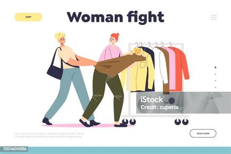 소매점에서 두 명의 여성이 논쟁을 벌이는 방문 페이지의 쇼핑 개념에 맞서 싸우는 여성 2명에 대한 스톡 벡터 아트 및 기타