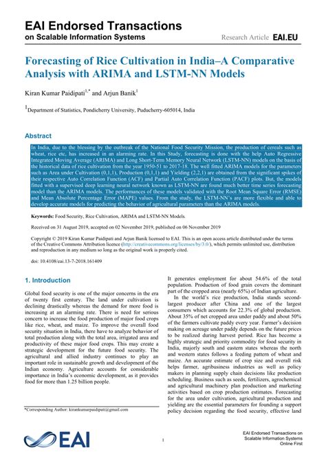 Pdf Forecasting Of Rice Cultivation In India A Comparative Analysis With Arima And Lstm Nn Models