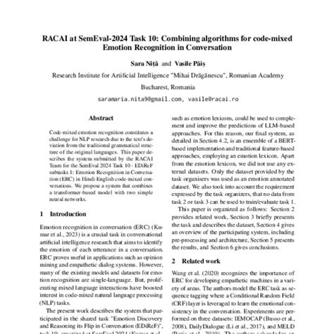 Racai At Semeval 2024 Task 10 Combining Algorithms For Code Mixed Emotion Recognition In