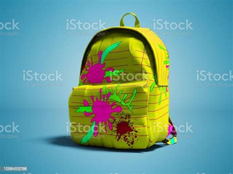 그림자와 파란색 배경에 명소 바로 보기 3d 렌더링으로 노란 학교 가방 배낭 0명에 대한 스톡 사진 및 기타 이미지 0명 3차원 형태 가방 Istock