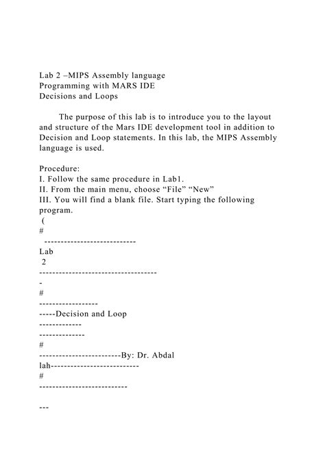 Lab 2 Mips Assembly Languageprogramming With Mars Idedecisidocx