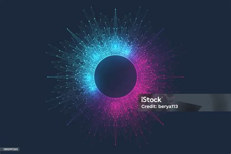 추상적 인 스타일로 점과 선을 연결하는 디지털 네온 컬러 서클 미래 지향적 인 디지털 네온 프레임 다각형 네온 둥근 모양 벡터 일러스트 레이 션 곡선에 대한 스톡 벡터 아트