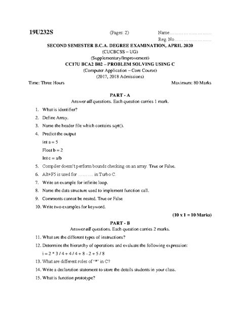 Bca2 B02 Problem Solving Using C 19u232s Pages 2 Name Reg