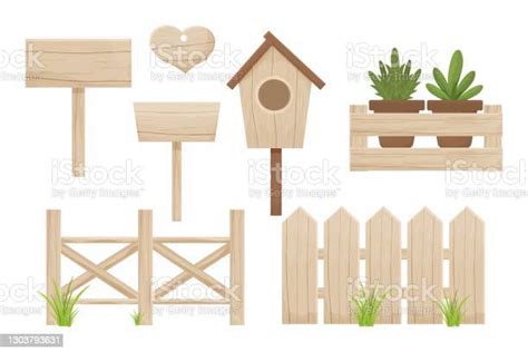 흰색 배경에 고립 된 화분나무 울타리 새집 빈 광고판 표지판 및 나무 상자를 설정합니다 질감 상세한 개체 계절 장식 만화