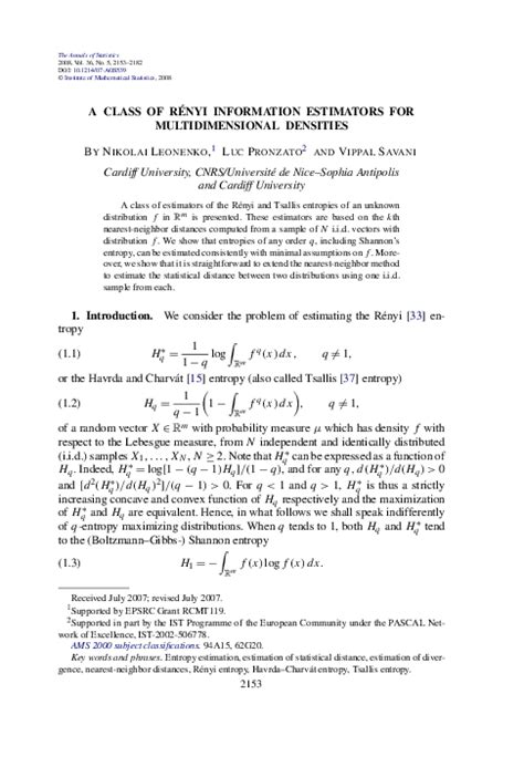Pdf A Class Of Rényi Information Estimators For Multidimensional