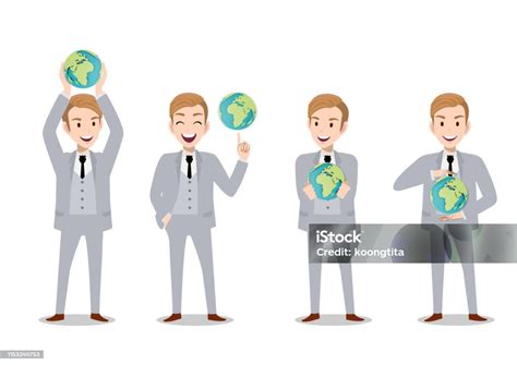 사업가 만화 캐릭터 세계를 저장 하거나 네 가지 포즈의 세트로 지구 개념을 저장 합니다 사무실 스타일의 똑똑한 소송에서 잘생긴 사업가 벡터 일러스트 감정에 대한 스톡 벡터