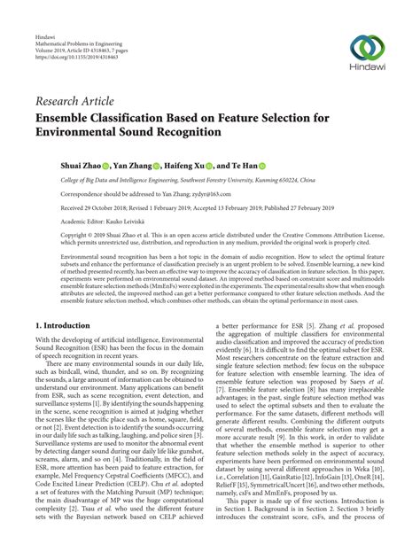 Pdf Ensemble Classification Based On Feature Selection For Environmental Sound Recognition