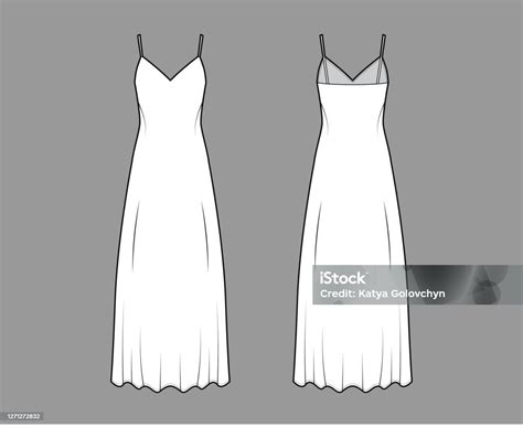 깊은 V넥 맥시 앙클 길이 느슨한 모양 세미 시르큘러 충만이 있는 스트랩 선 드레스 테크니컬 패션 일러스트 0명에 대한 스톡 벡터 아트 및 기타 이미지 Istock