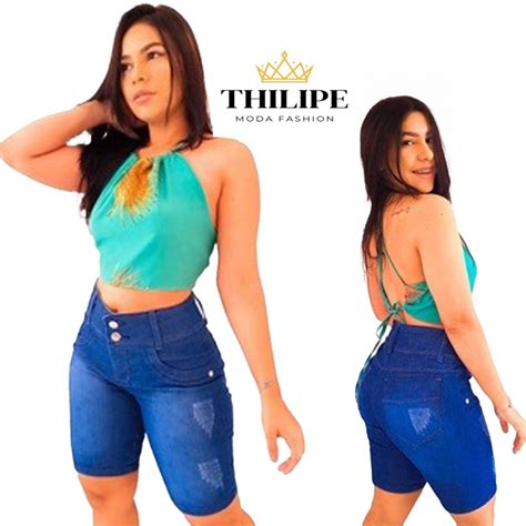 Bermuda Jeans Feminina Bermuda Ciclista Elastano Cintura Alta Short Jeans Com Lycra Levanta
